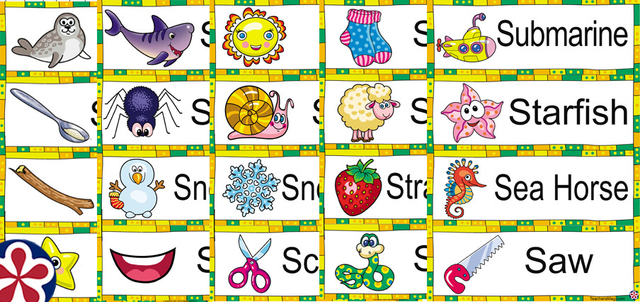 Letter S Words and Pictures Printable Cards. TeachersMag.com