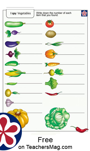 I Spy Game: Vegetables Worksheets for Preschoolers. TeachersMag.com